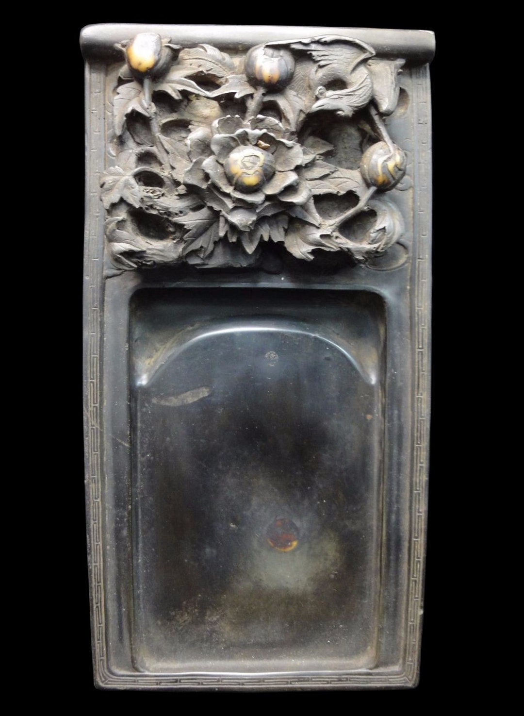 Large Old Chinese Ink Stone Hand Carving Flower Inkstone With Ink Stick ...