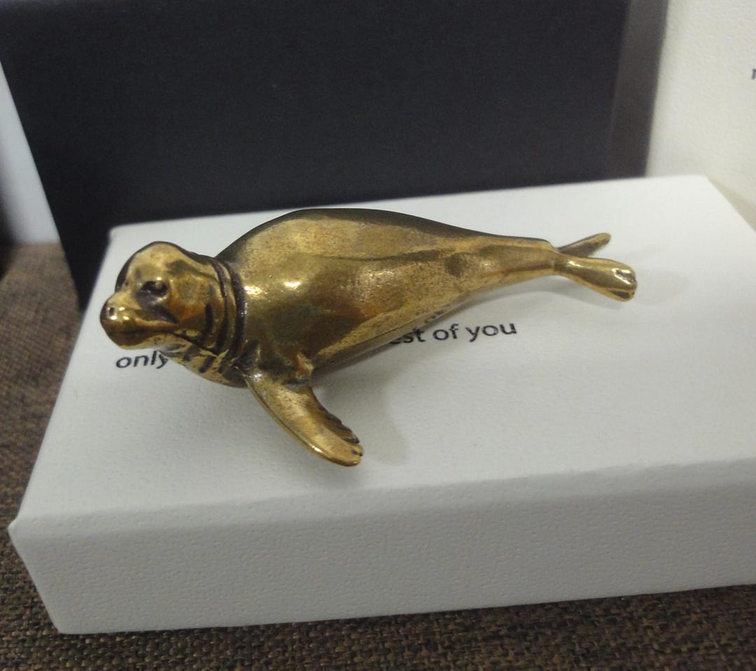 Retro Solid Brass Small Seal Statue Sea Animal Figurine Home Ornament ...