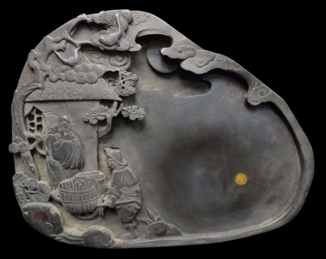 Old Chinese Heavy Ink Stone Hand Carving Figures Inkstone With Ink ...