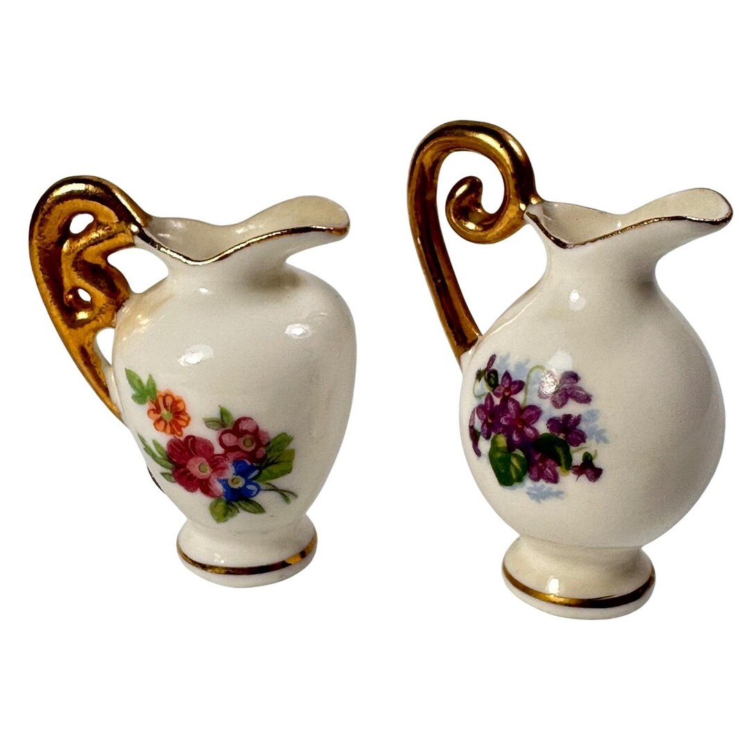 Tokai Bone China Japan Miniature Pitchers Floral & Violet Pattern Gold ...