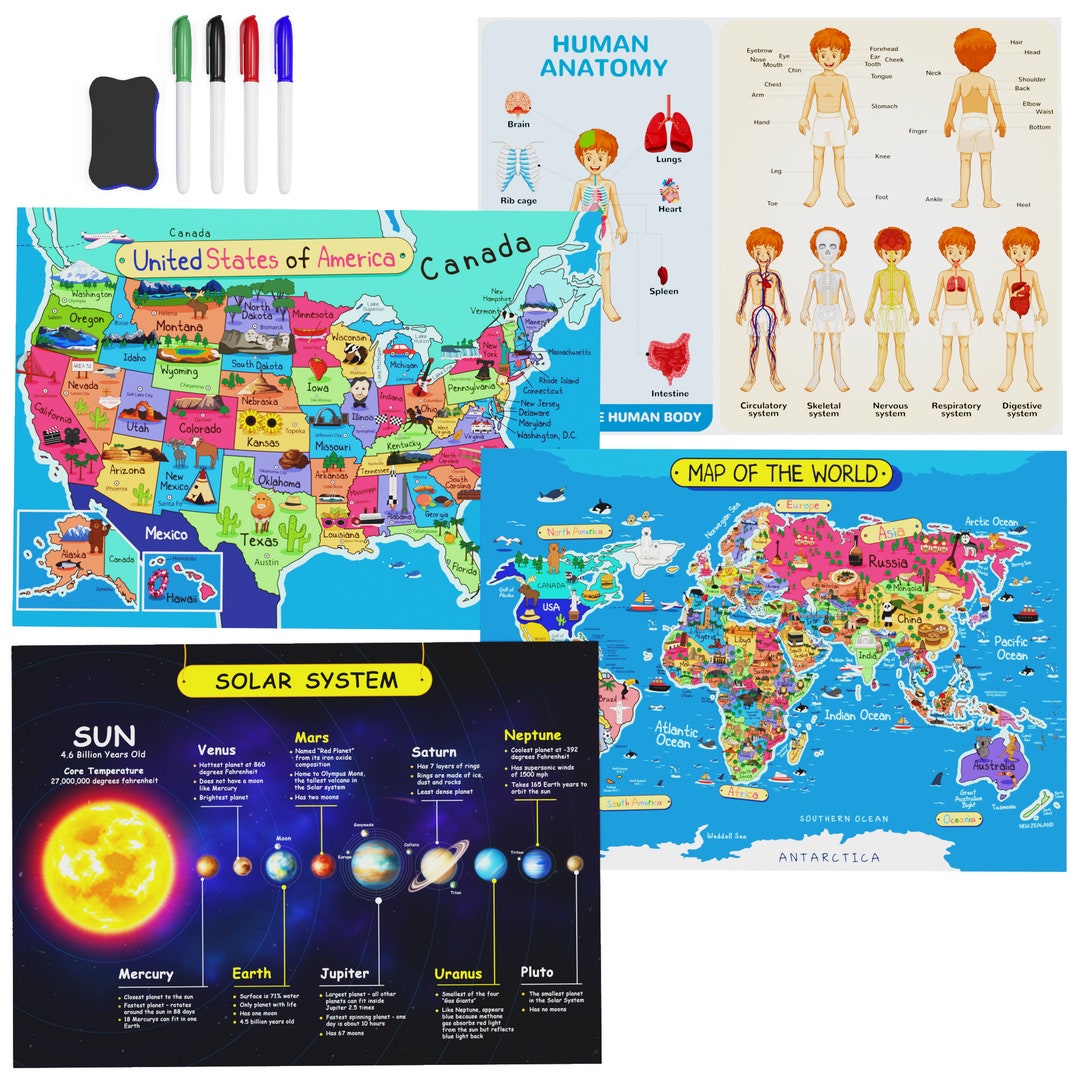 Kids Learning Placemats 4 Wipe Clean Mats Markers and Eraser - Etsy