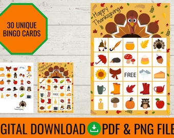 Thanksgiving Bingo, 50 Unique Bingo Cards, Kids' Thanksgiving Activity ...