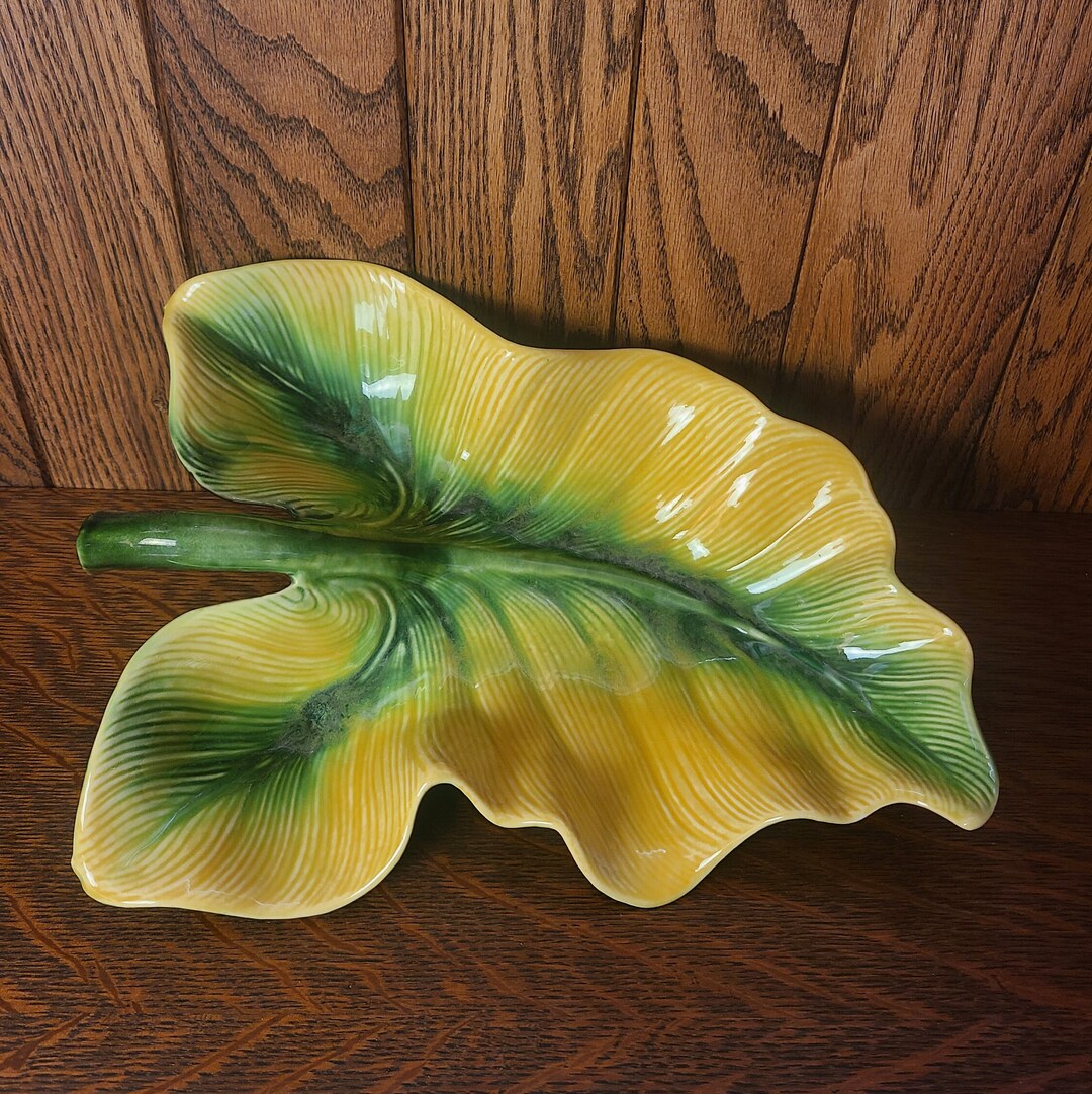 Hull USA #405 Vintage Leaf Food Dish Green Yellow - Etsy