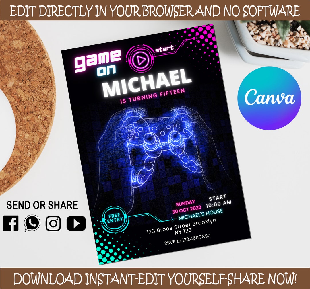 Video Game Party Invitation | Gamer Mobil Birthday Invite | Digital ...