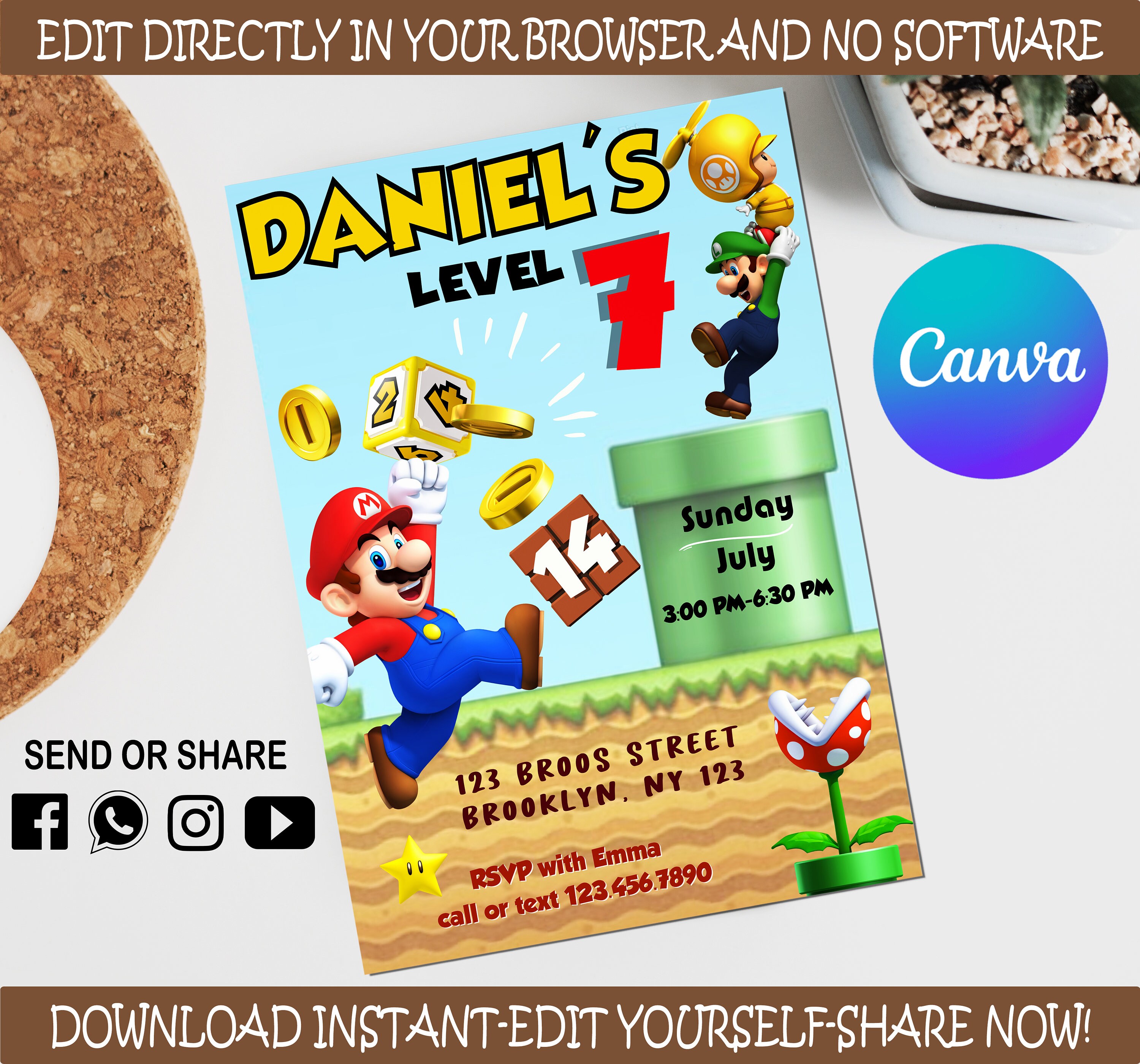 Super Mario Bros Invitation Kids Digital Invitation Mario - Etsy