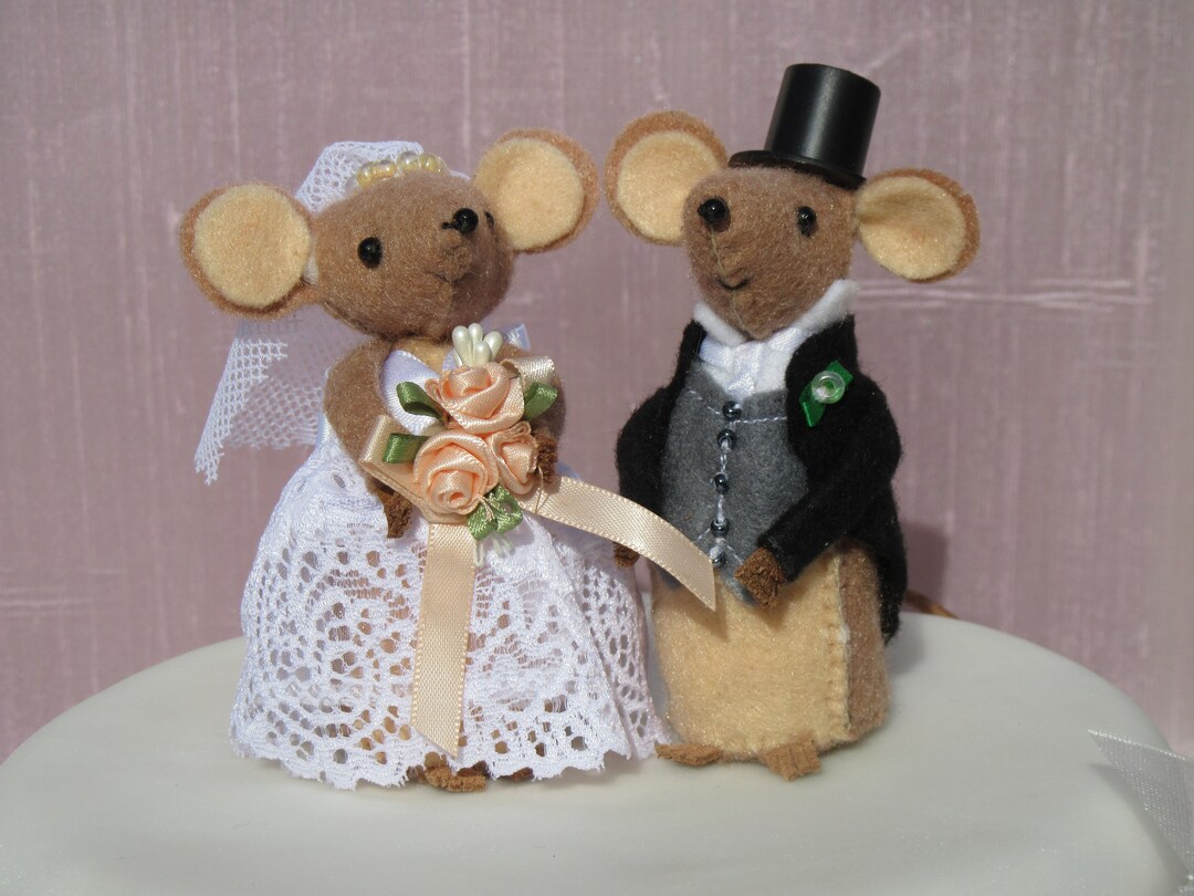 Wedding Cake Topper Felt Mice With Peach Flowers, Handmade OOAK Felt ...