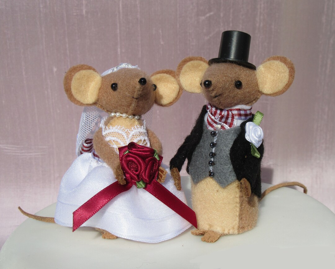 Wedding Cake Topper Felt Mice With Red Tartan Ribbon, Handmade OOAK ...