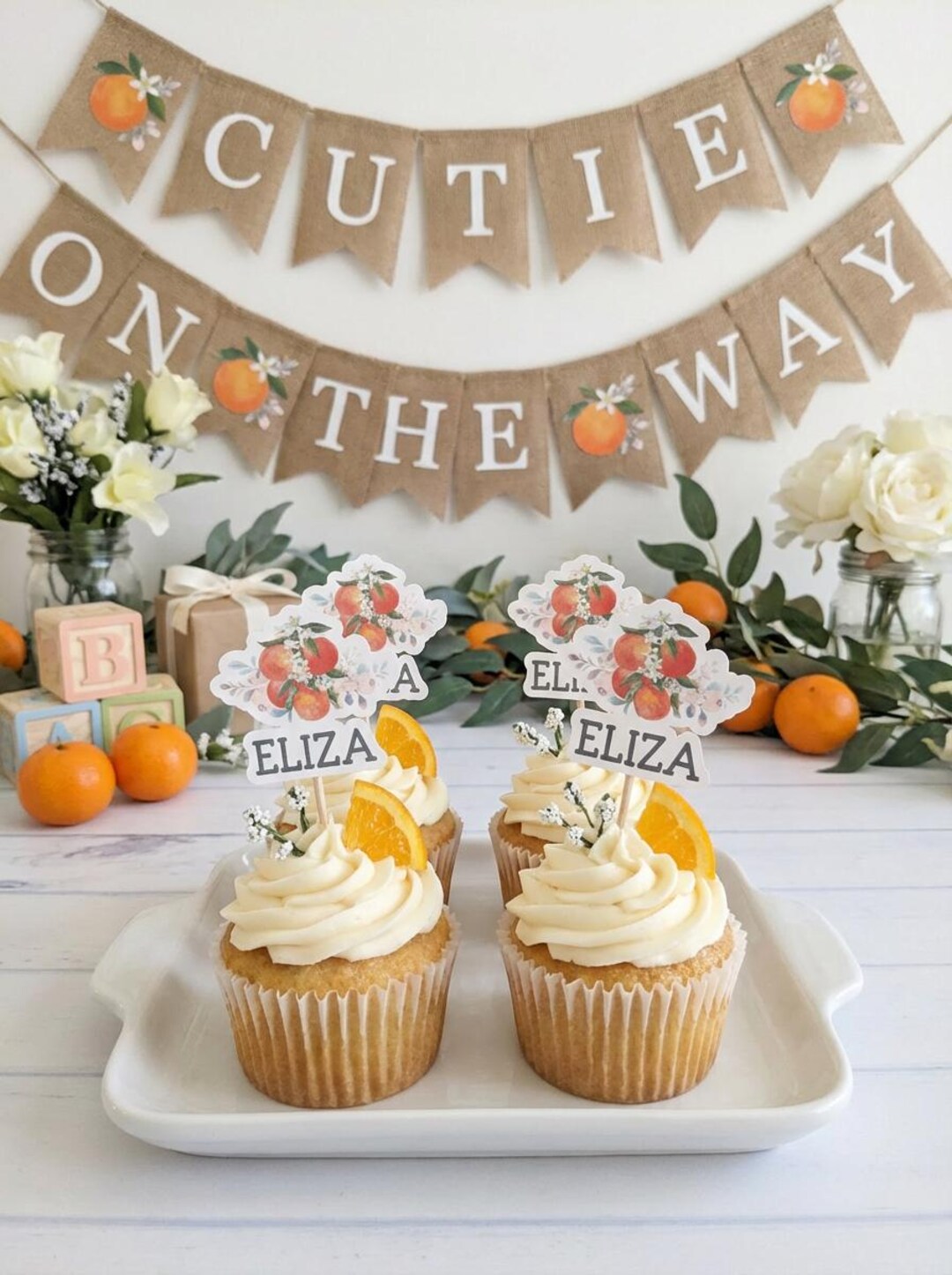 Little Cutie on the Way Baby Shower Cupcake Topper, Personalized Baby ...