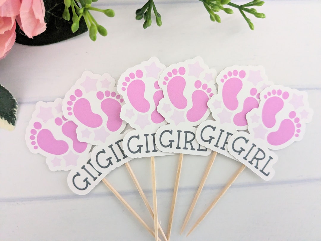 Baby Girl Shower Cupcake Toppers, Pink Footprint Set of 12 Cupcake ...
