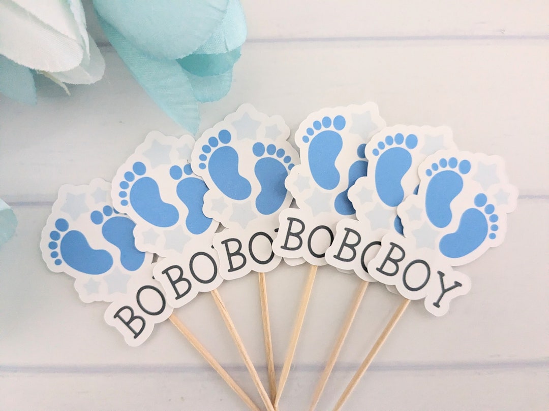Blue Baby Footprint Baby Boy Shower Cupcake Toppers, It's A Boy Shower ...
