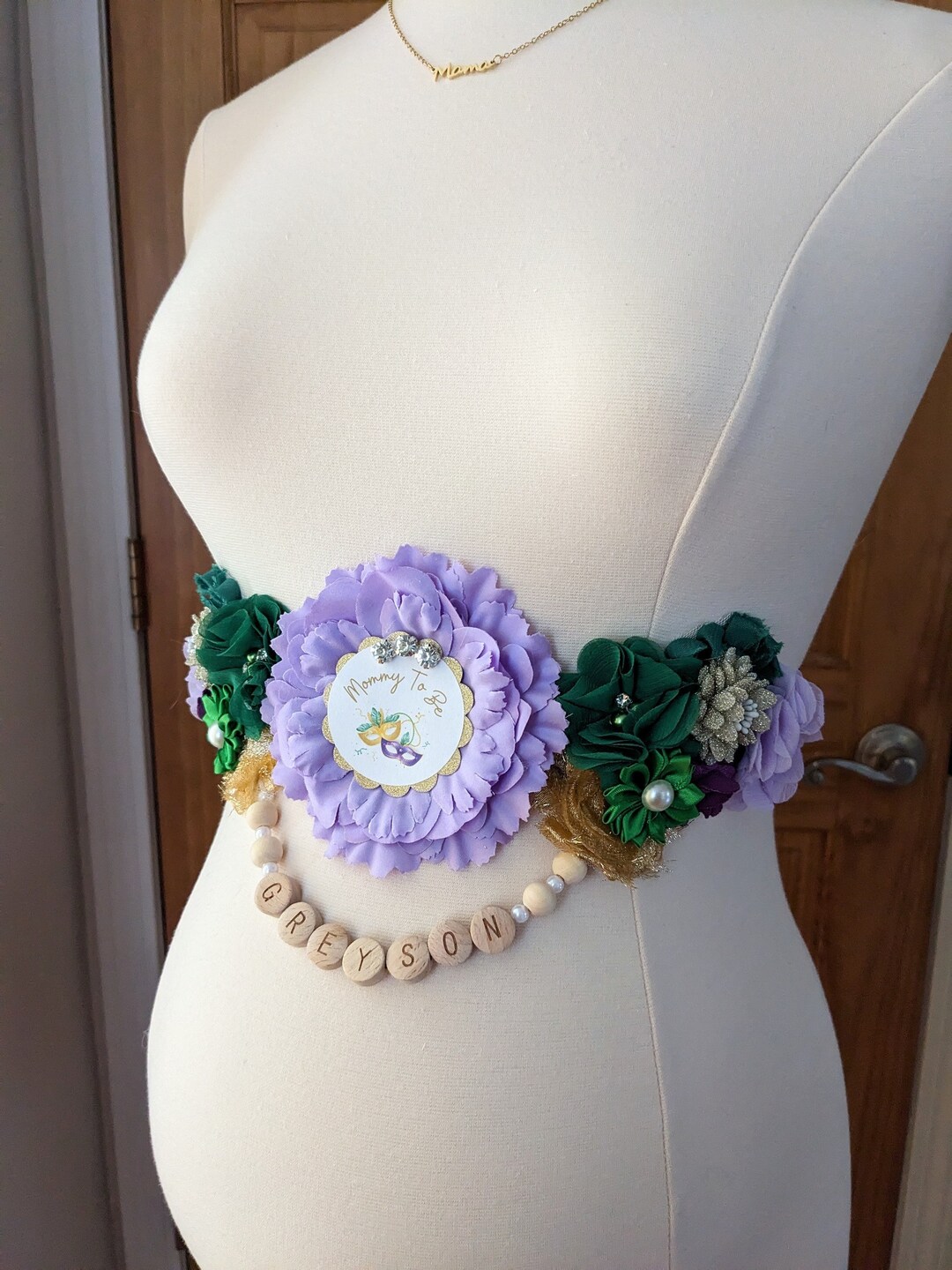 Mardi Gras Baby Shower Green Purple Belly Bump Maternity Floral Sash ...
