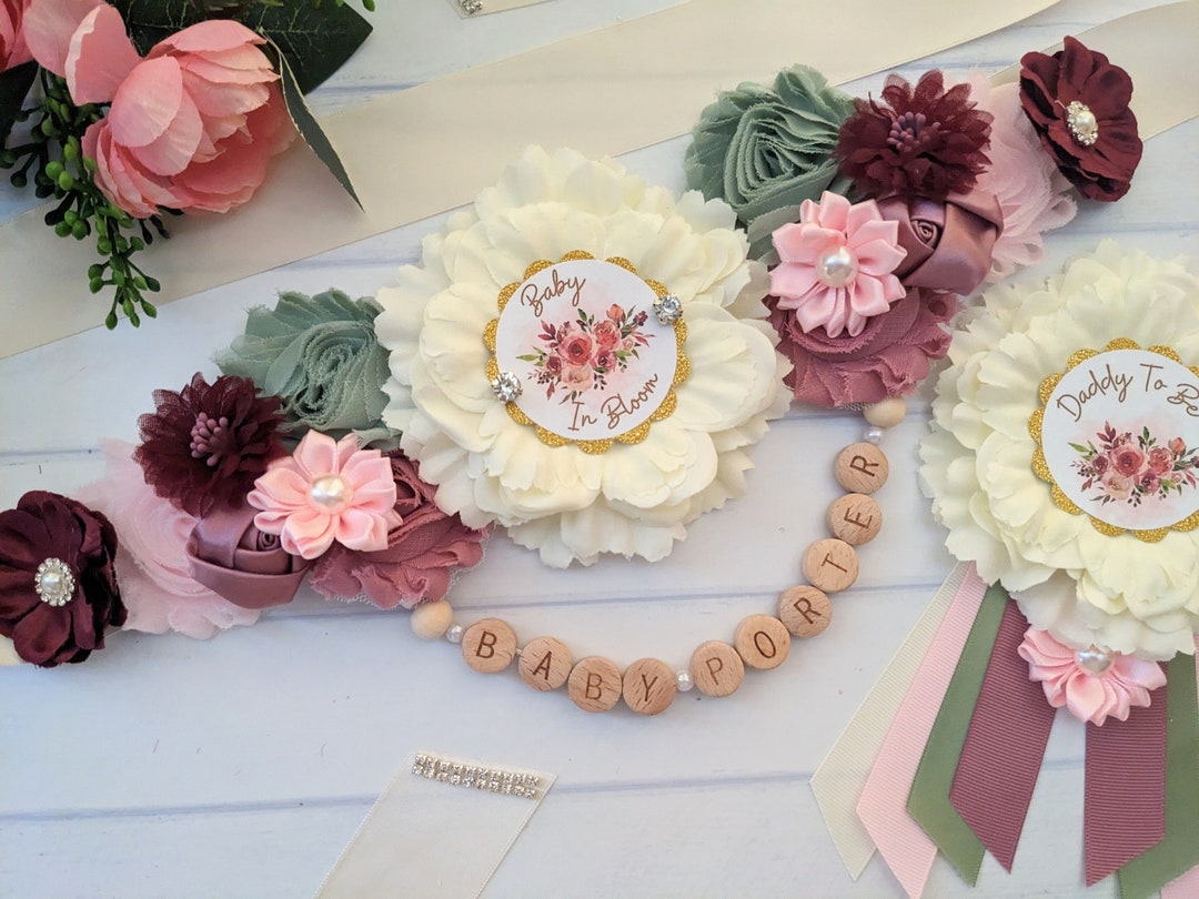 Baby in Bloom Flower Sash for Mommy to Be Baby Bump, Burgundy Baby ...