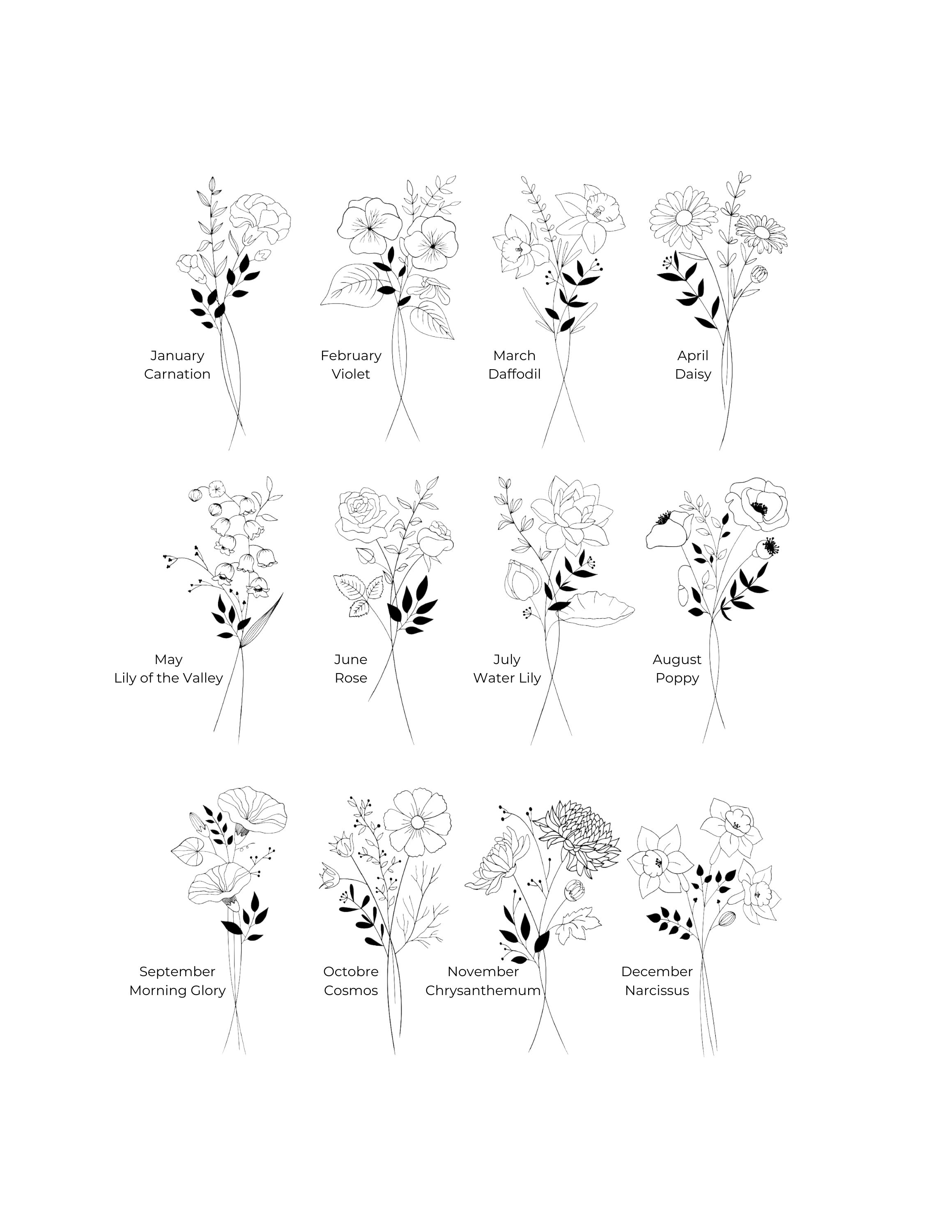 Custom Birth Flower Bouquet, Minimalist Line Art Print (digital ...