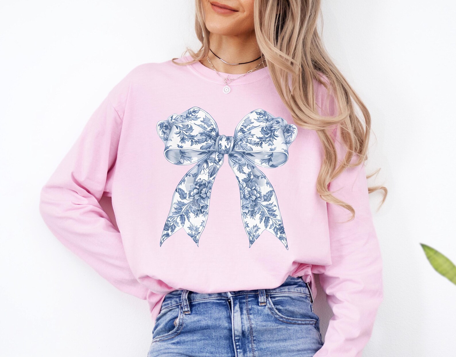 Long Sleeve Bow Shirt Comfort Colors Blue Toile Bow Tshirt Trendy ...