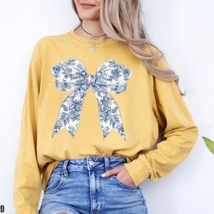 Long Sleeve Bow Shirt Comfort Colors Blue Toile Bow Tshirt Trendy ...
