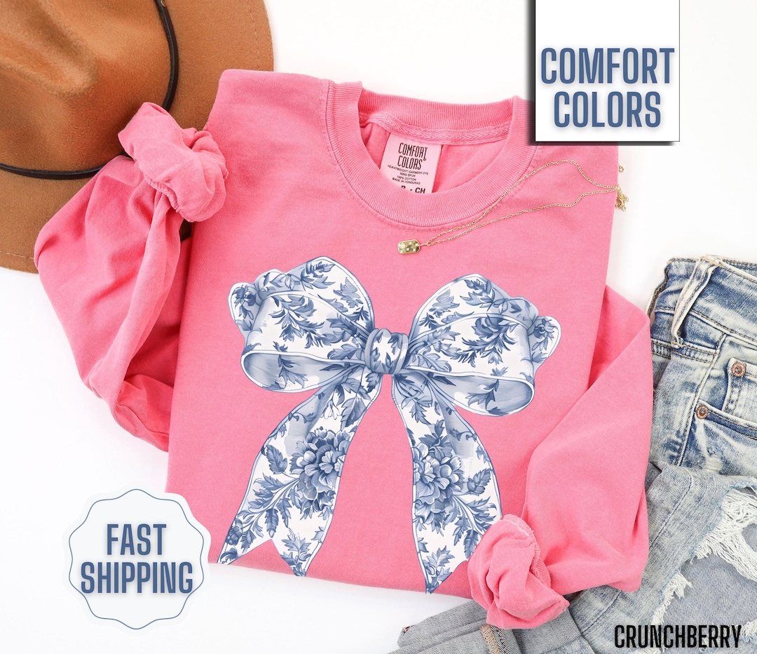 Long Sleeve Bow Shirt Comfort Colors Blue Toile Bow Tshirt Trendy ...