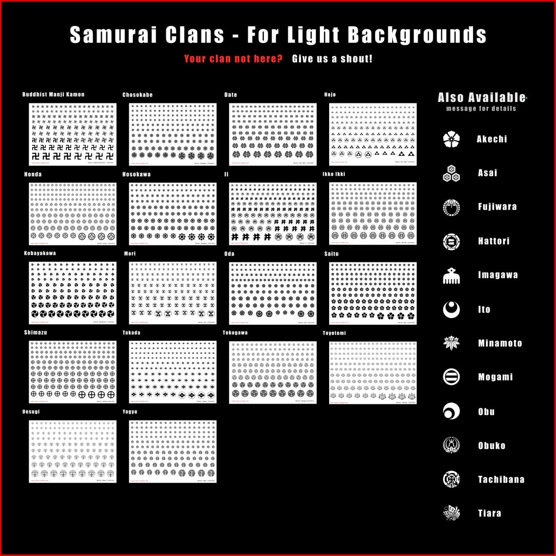 Samurai Decals - Water Slide Transfers - Clans - Logos - Test of Honour ...