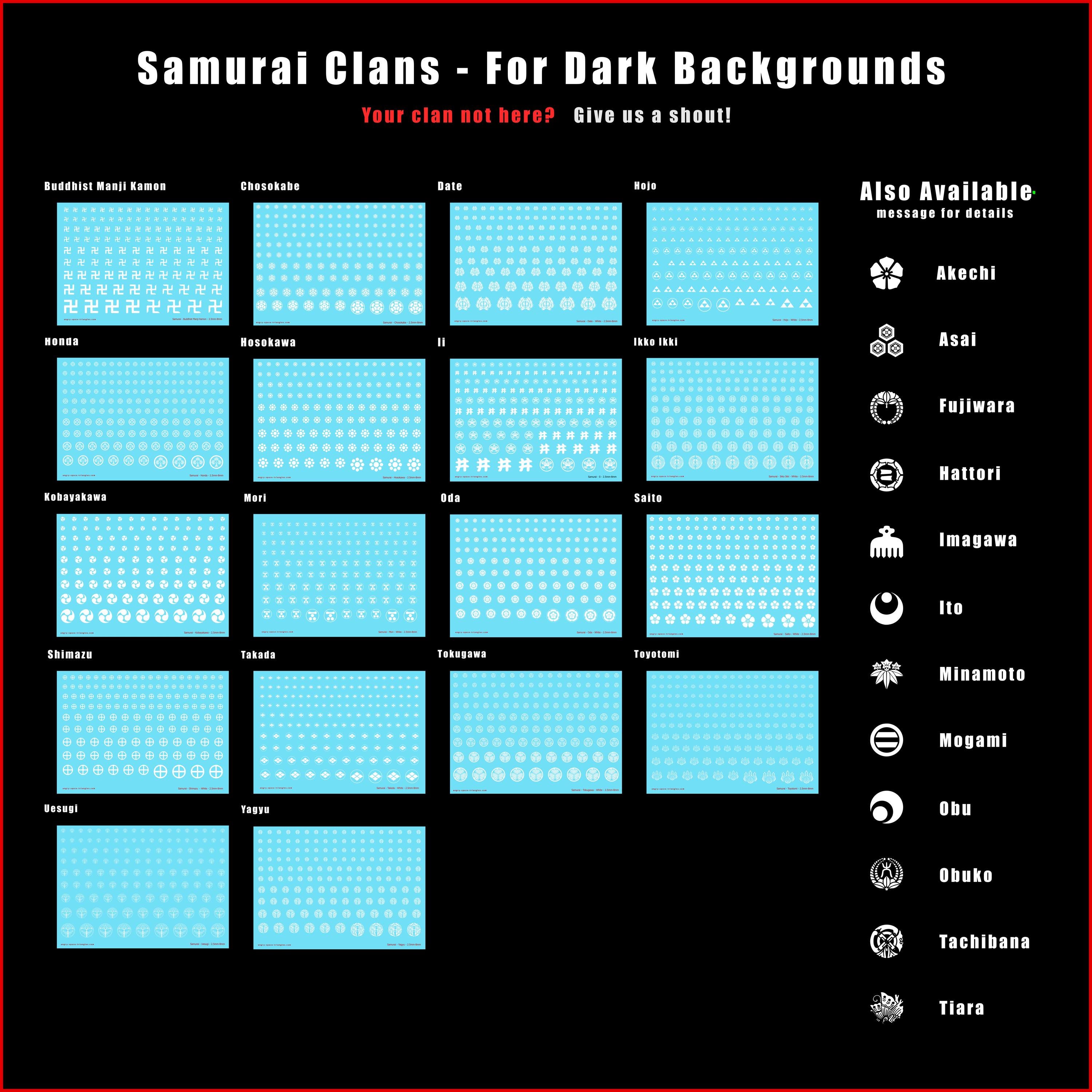 Samurai Decals - Water Slide Transfers - Clans - Logos - Test of Honour ...