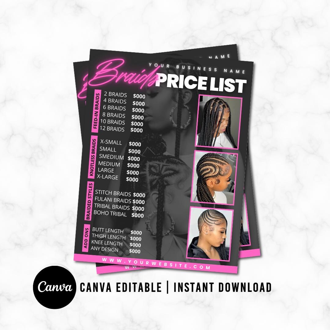 Braids Price List Template, DIY Hair Service Menu, Knotless Braiding ...
