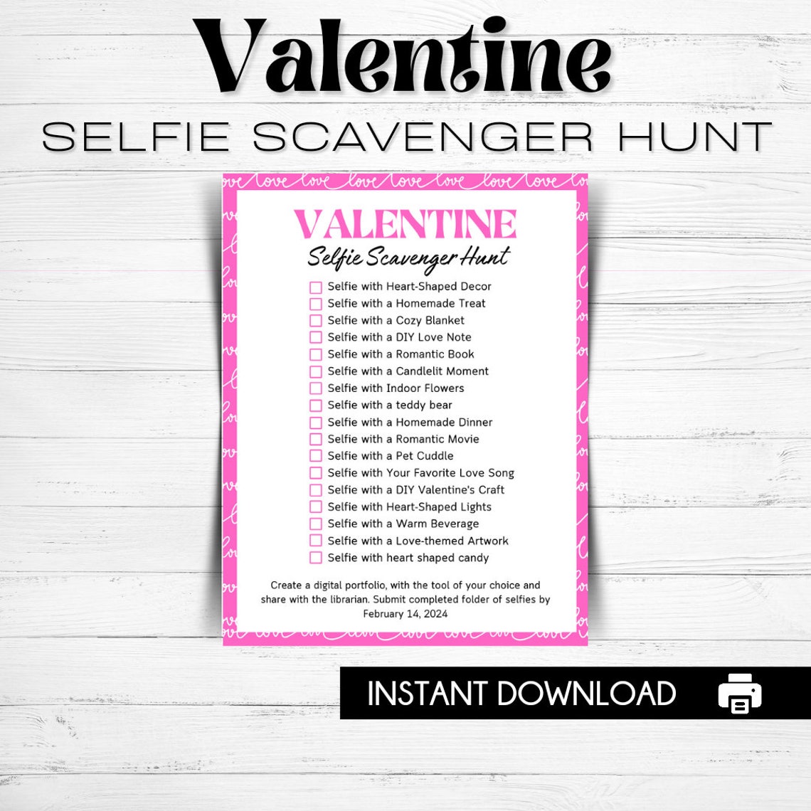 Valentine Selfie Scavenger Hunt Printable Game Instant Download Fun ...