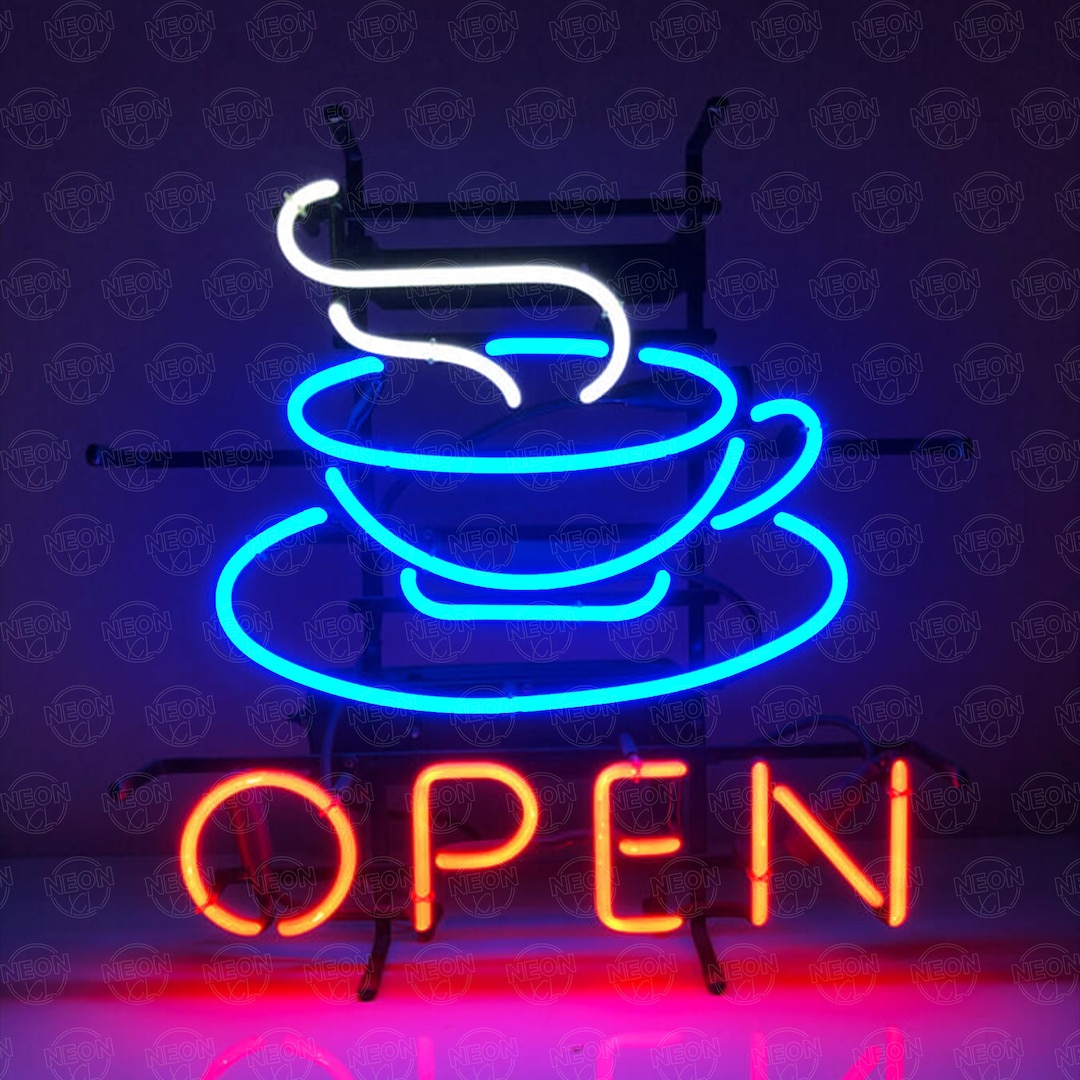 Open-coffee-cup-no-frame Custom Real Glass Neon Sign Cafe Wall - Etsy