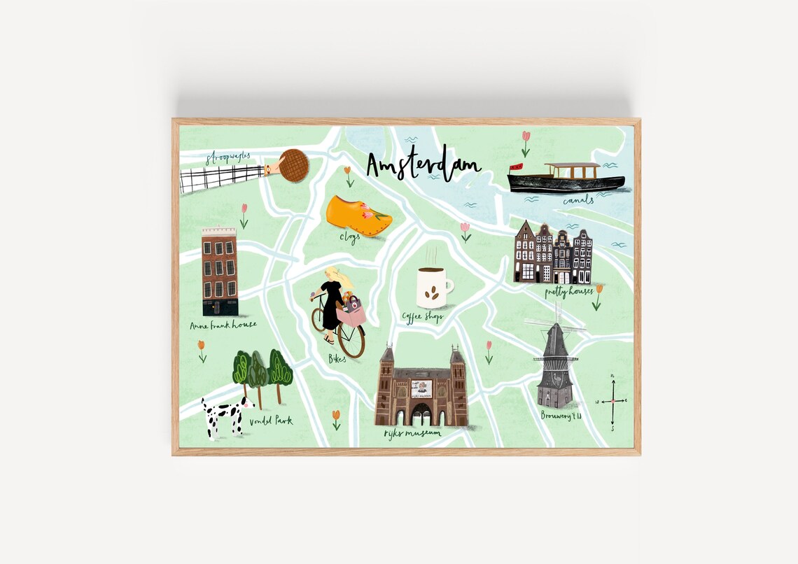Illustrated Map of Amsterdam - Etsy