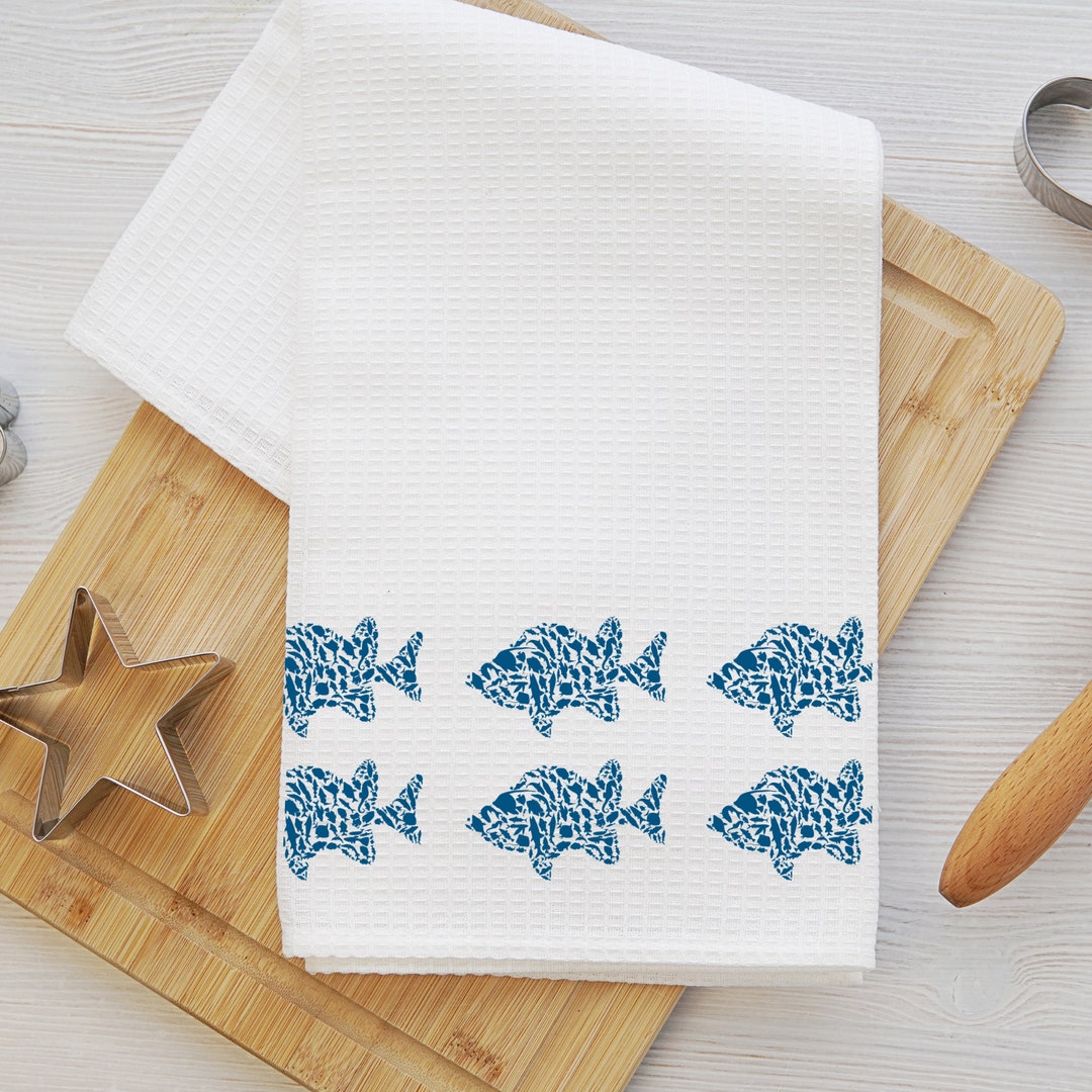 Fish Art Tea Towel, Coastal Blue Tea Towel, Beach, Wedding, Hostess ...