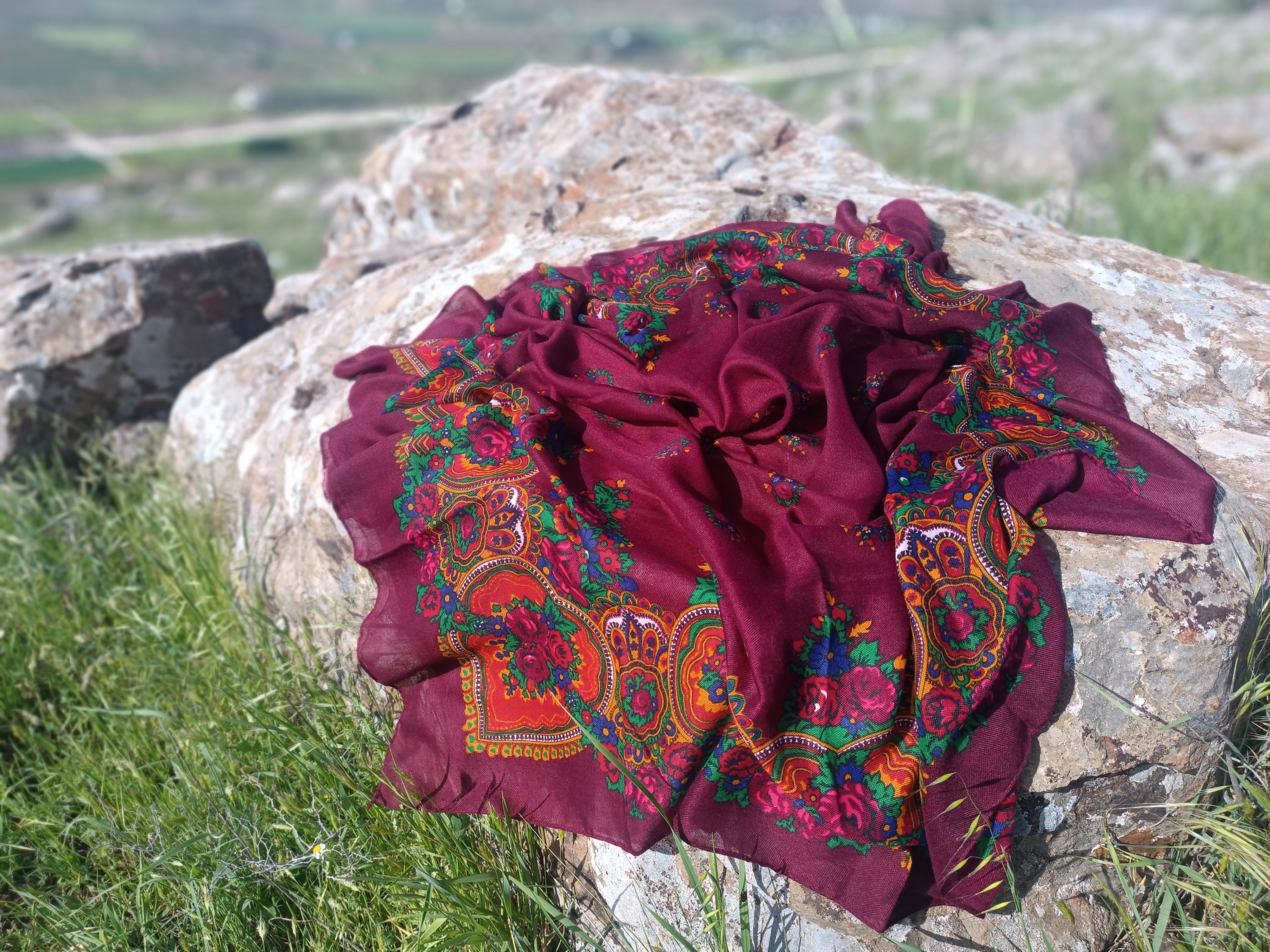 Burgundy Ethnic Folk,vintage Style Scarf,uk Seller,stylish Xmas Gift ...