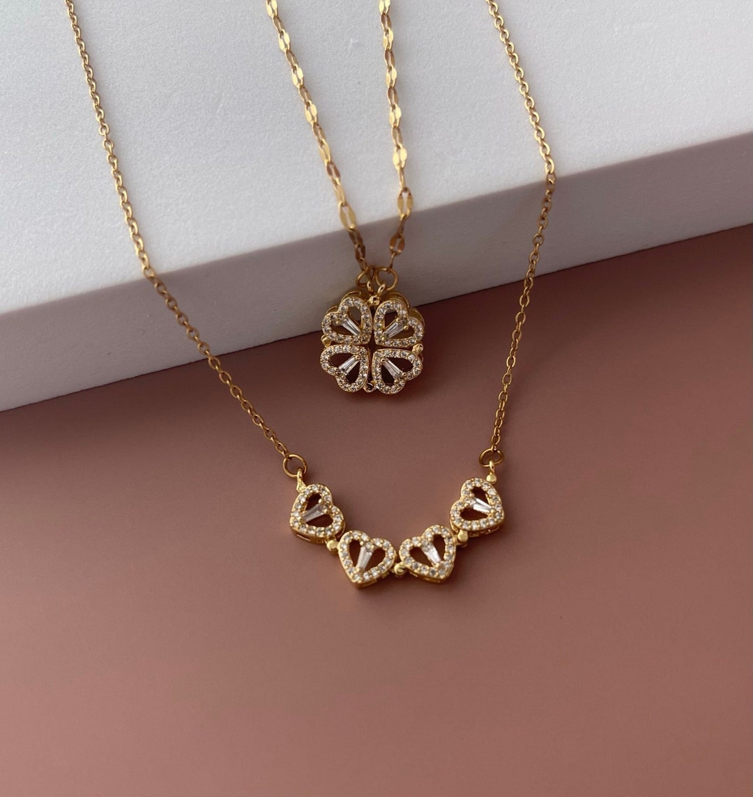 18K GOLD Four Leaf Clover Necklace • Mother's Day Gift • Magnetic Heart ...