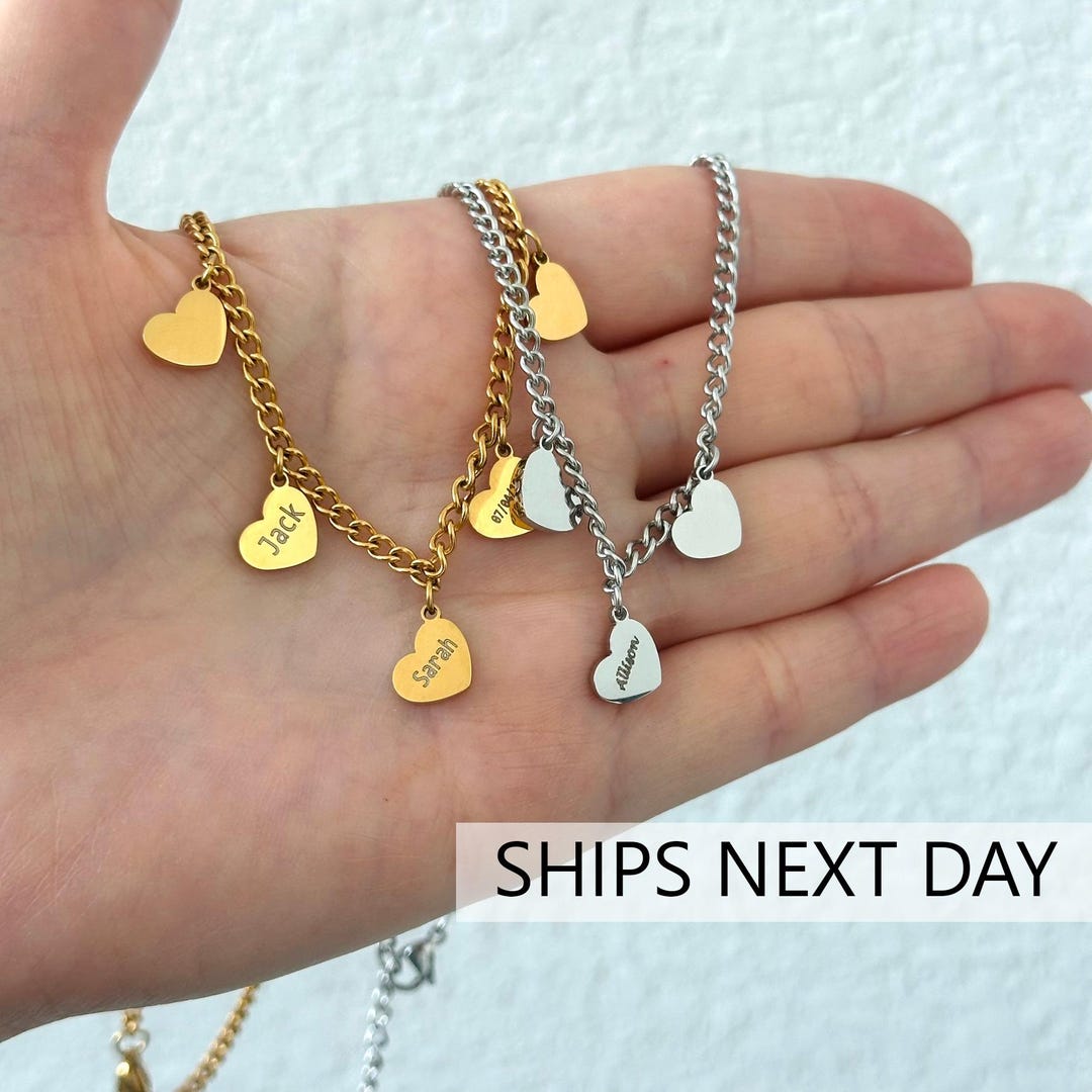 Custom Engraved Heart Pendant Necklace in Gold, Silver Children's Name ...