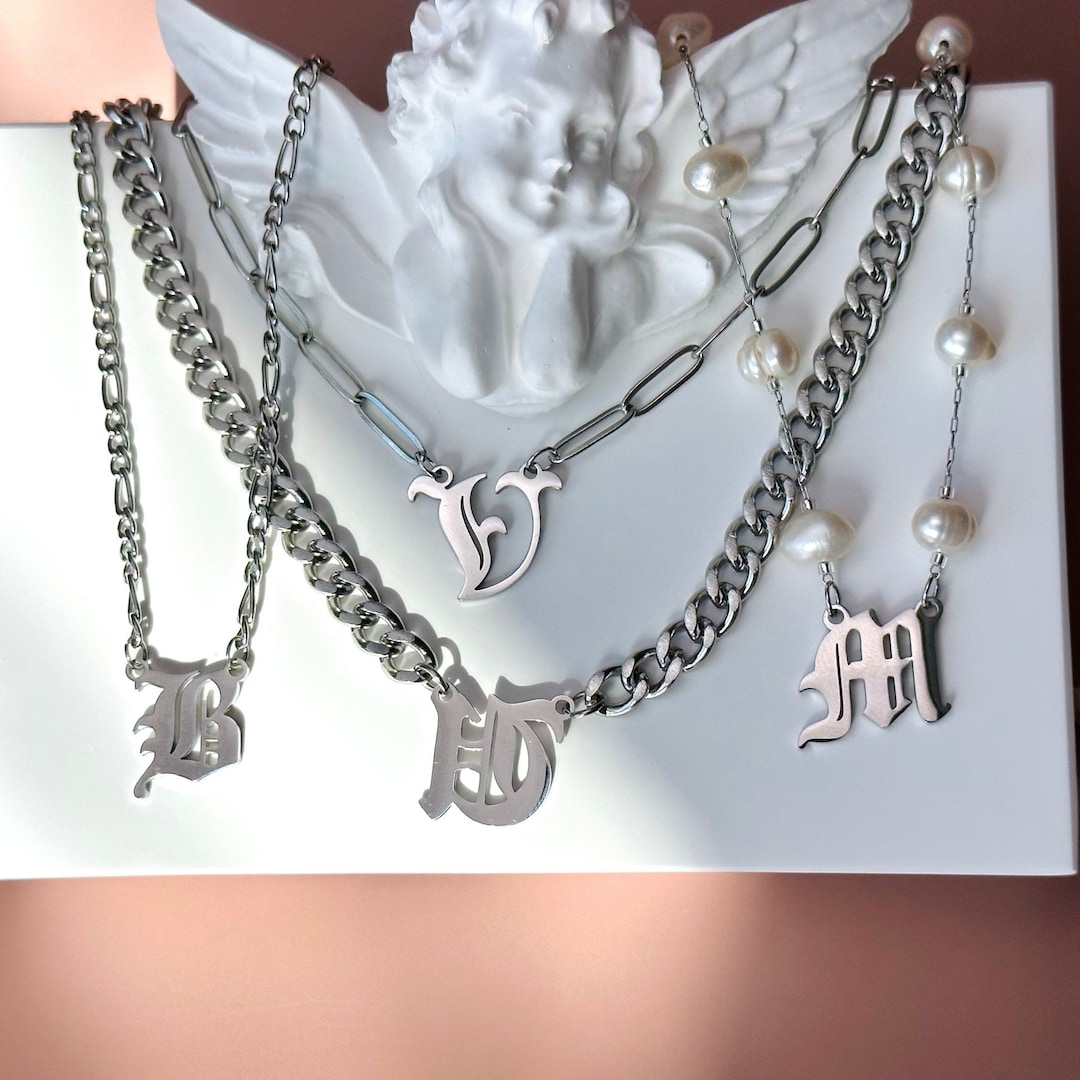 SILVER Gothic Initial Necklace • Anniversary Gift • Unisex Name ...