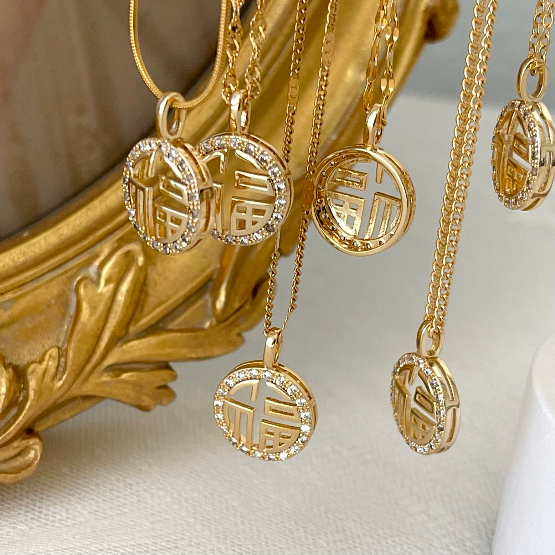 18K Gold Circle Chinese Fu Calligraphy Necklace • Bridesmaid Gift • CZ ...
