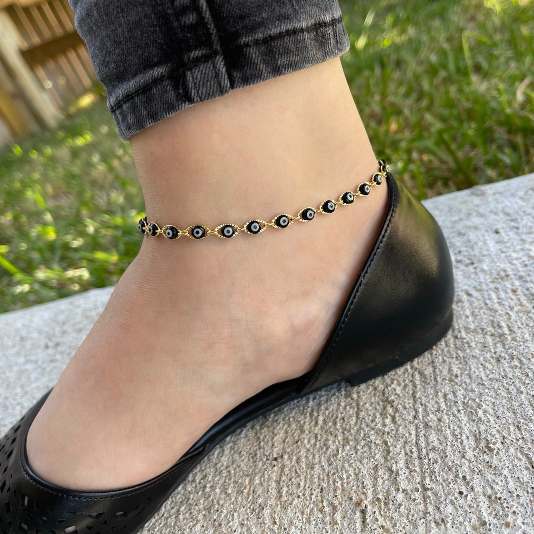 Dainty Black Evil Eye Chain Anklet, Gold Evil Eye Charm Anklet, Boho ...