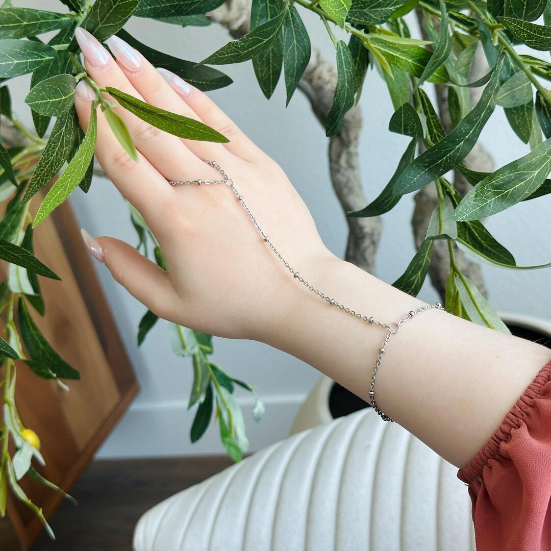 Custom Beaded Hand Chain Bracelet, Silver Beaded Hand Jewelry and Chain ...