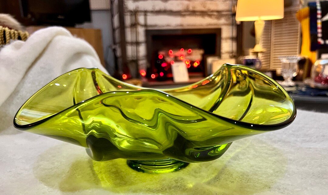 Large Viking Glass Green 3 Sided Footed Console Bowl - Etsy