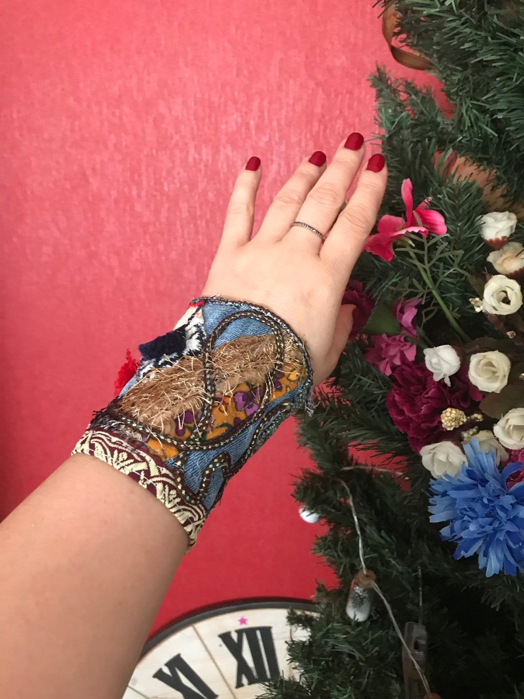 Colorful Fabric Cuff Blue Denim Cuff Hand Embroidered - Etsy