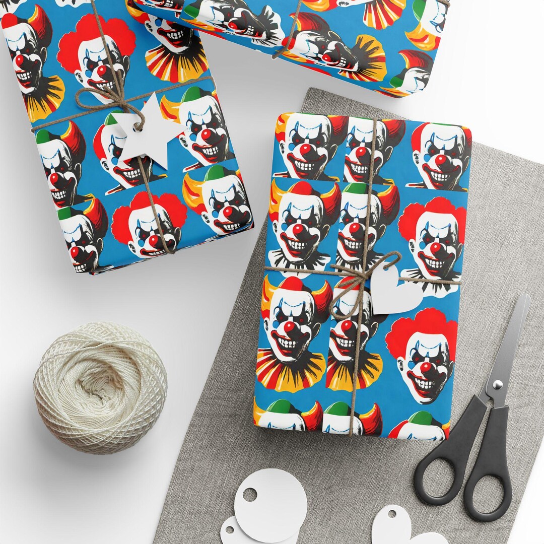 Clown Wrapping Paper, Creepy Clown Vintage Mask Gift Wrap, Birthday ...
