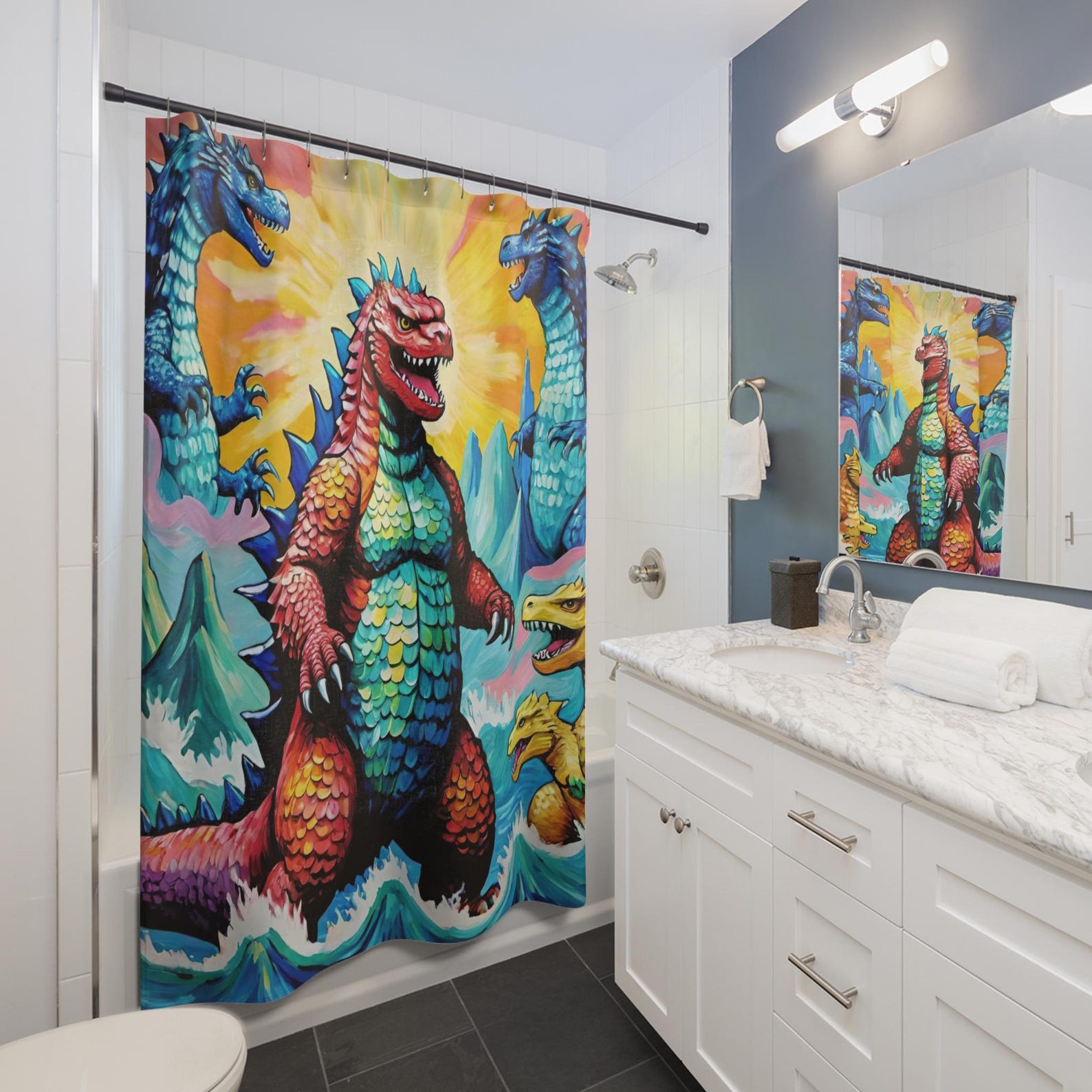 Rare Red Godzilla Traditional Japanese Style Shower Curtain 71x74, Godzilla World Impressionist ...
