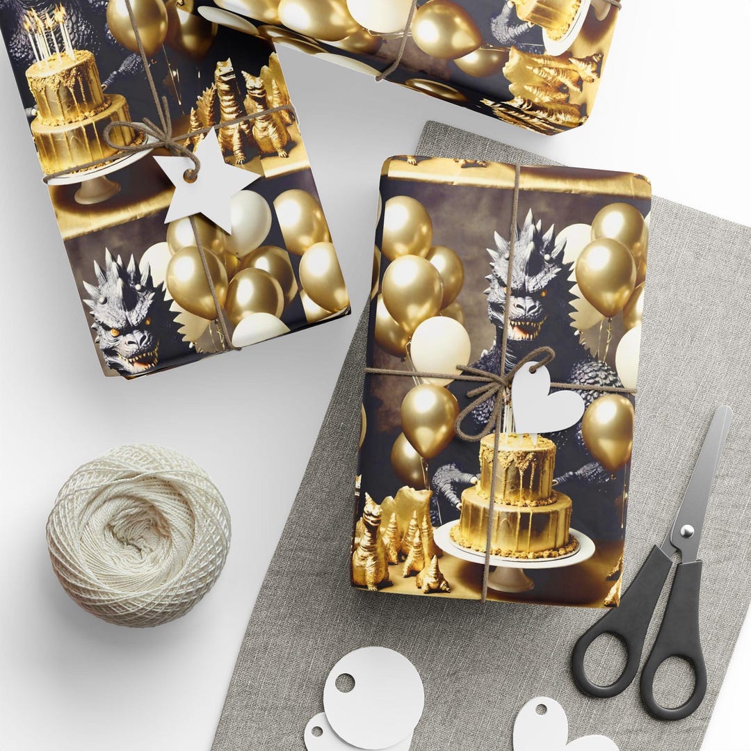 Gold Wrapping Paper, Gold Godzilla Birthday Gift Wrap, Vintage Design ...