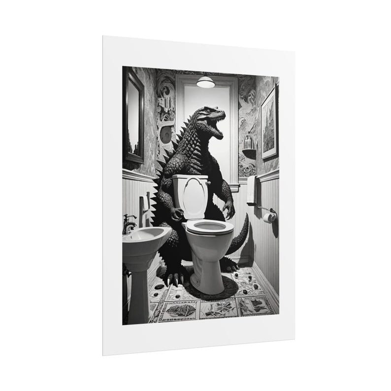 Godzilla Bathroom Wall Art, Japanese Kaiju Decor, Funny Monster Poster ...