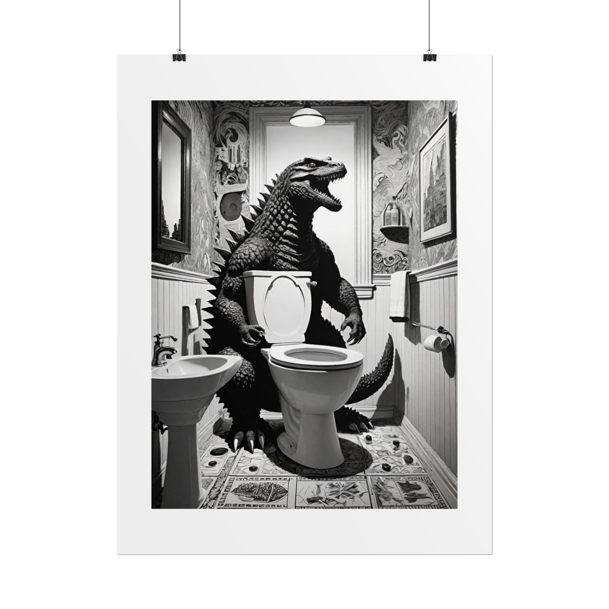 Godzilla Bathroom Wall Art, Japanese Kaiju Decor, Funny Monster Poster ...