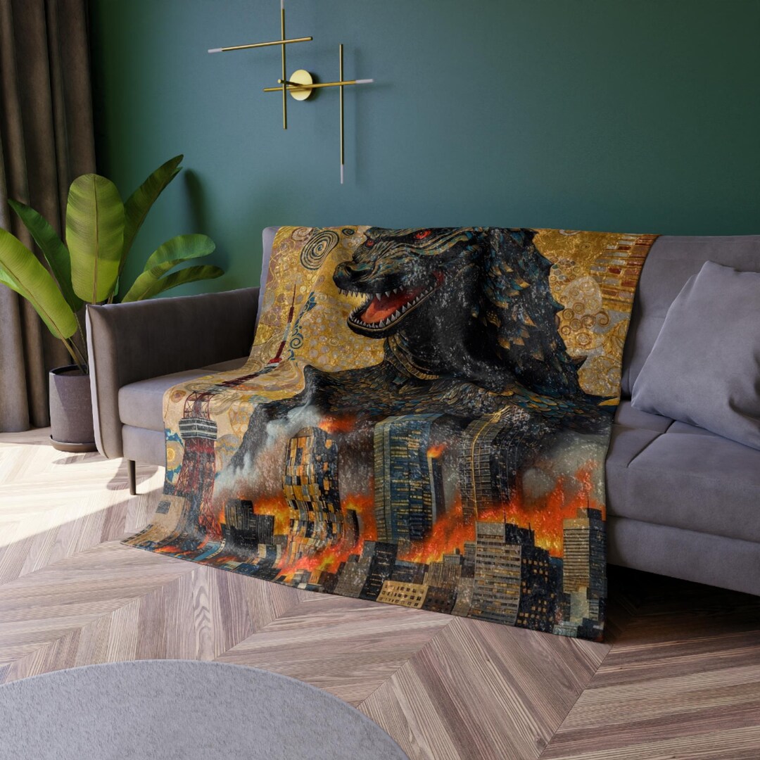 Godzilla Klimt Pattern Crushed Velvet Blanket | Art Deco Monster Home ...