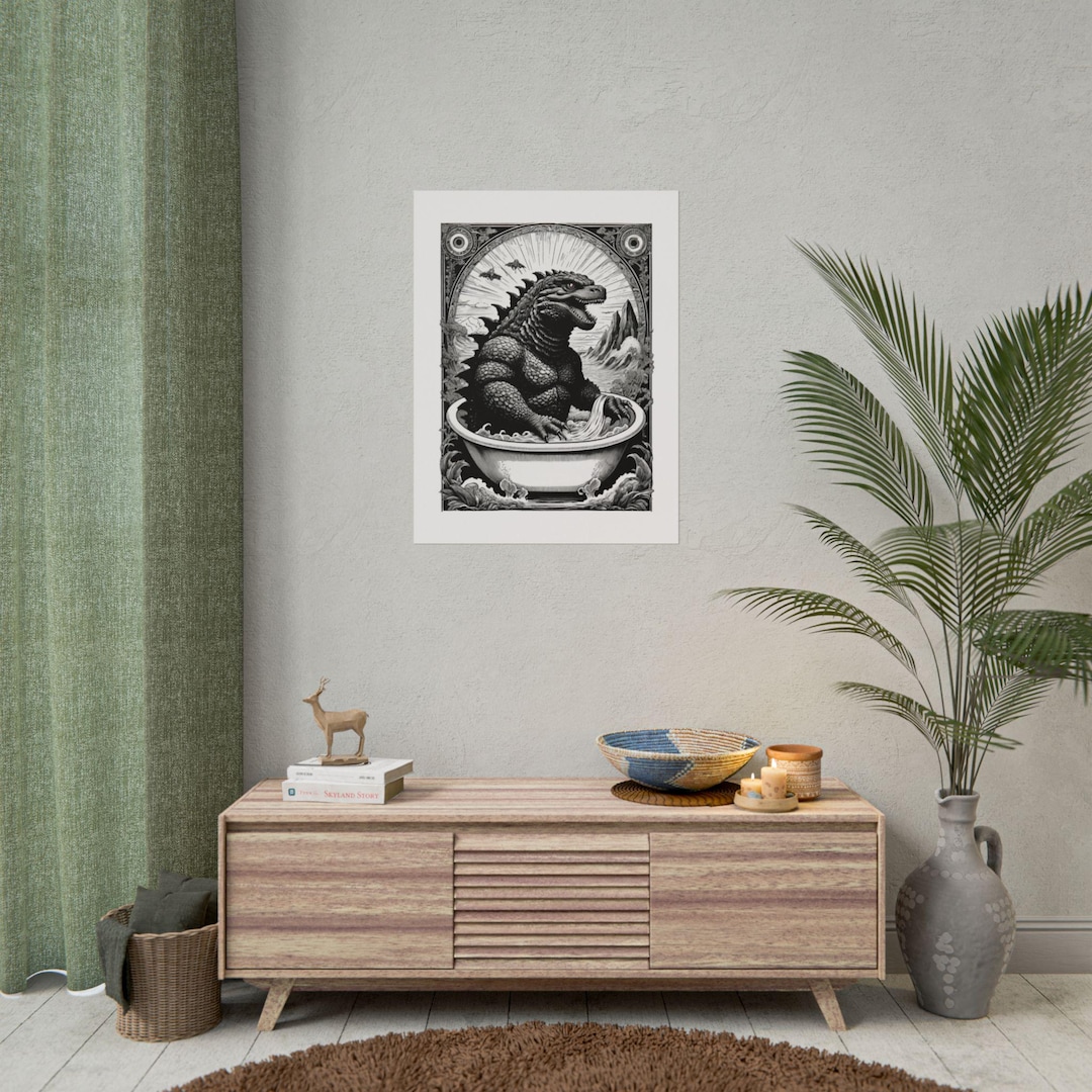 Godzilla Bath Fine Art Print, Art Nouveau Style Rolled Poster for Black ...