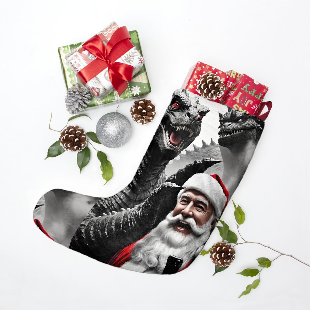 Godzilla Christmas Stocking: Kaiju Santa Selfie, Quirky Holiday Decor ...