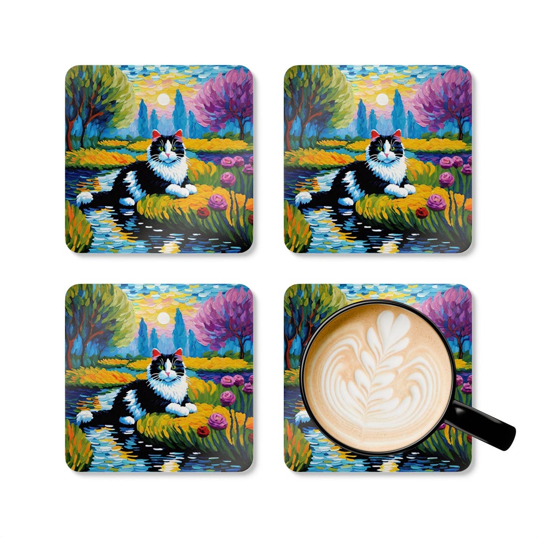Coaster Set, Faux Crochet Cat Monet Coasters, Cute Cat Gifts, Birthday ...