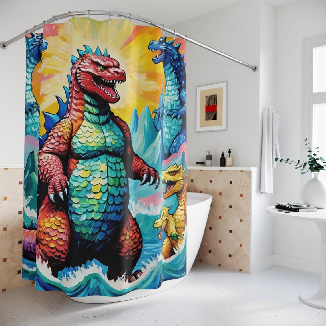 Rare Red Godzilla Traditional Japanese Style Shower Curtain 71x74, Godzilla World Impressionist ...