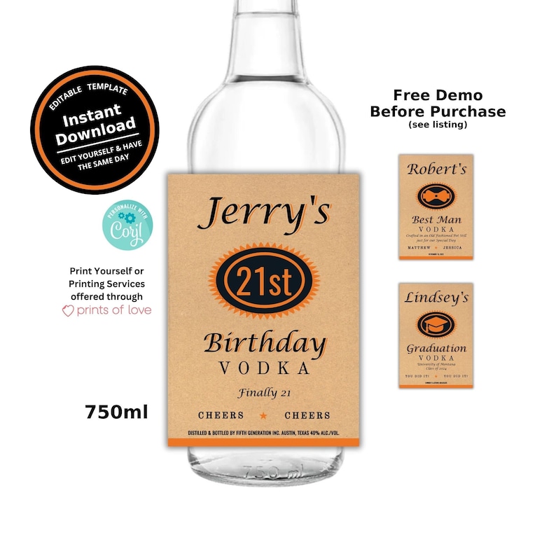Custom Vodka 750ml Bottle Label Template Printable Birthday Wedding Bachelor Graduation ...
