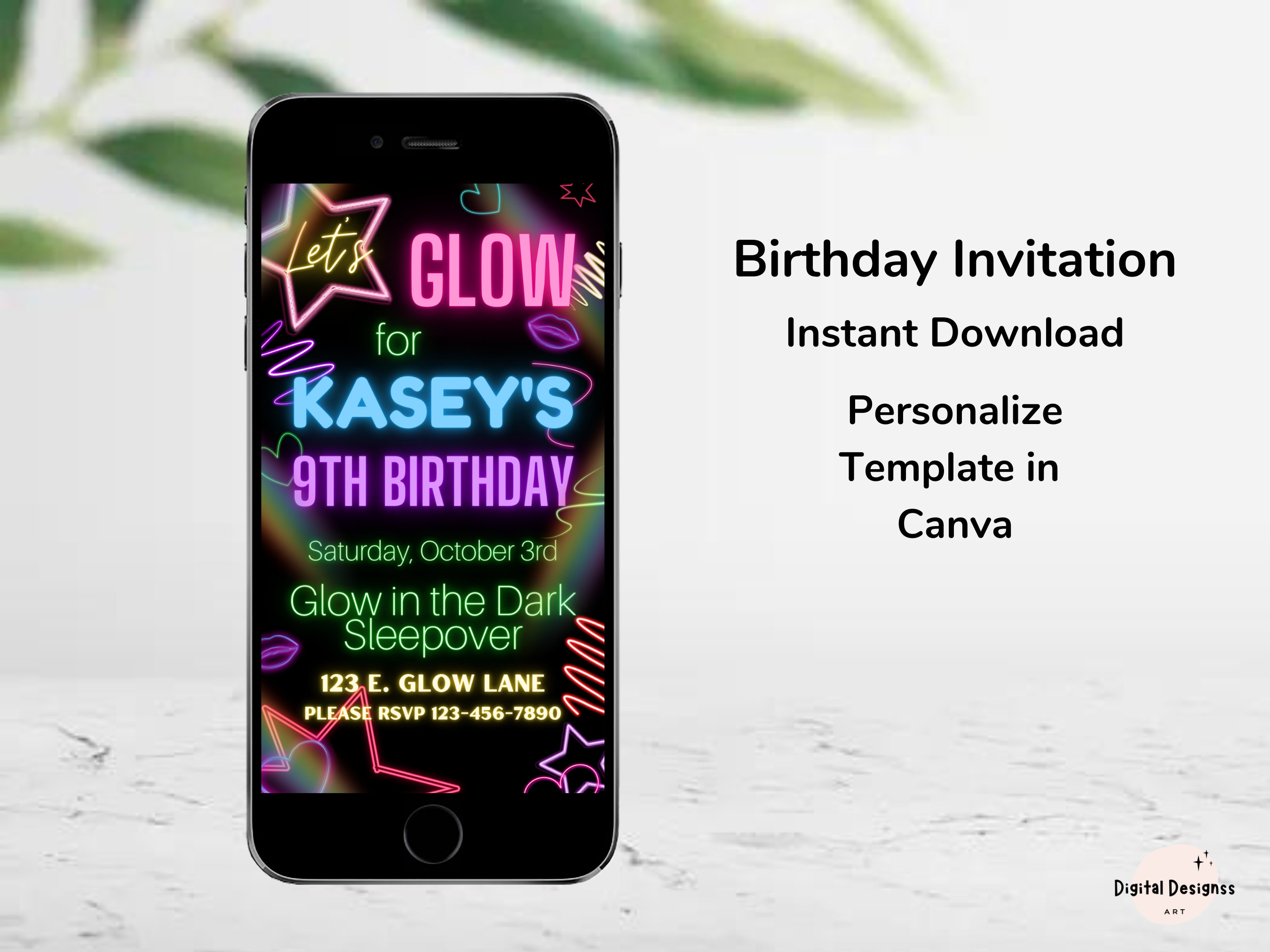 Let's Glow Party Digital Template Invitation, Neon Birthday, Glow in ...