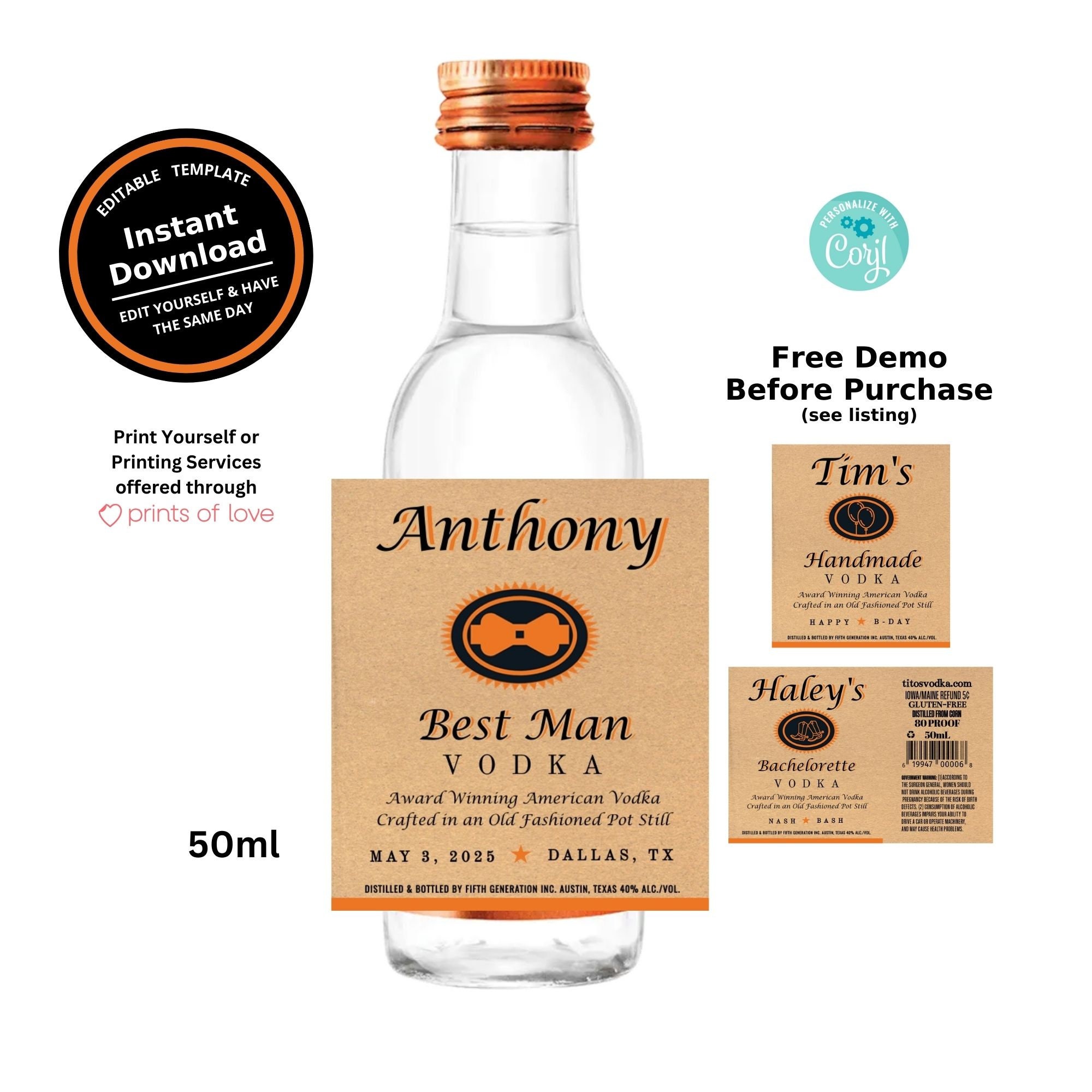 Custom Vodka 50ml Bottle Label Template Printable | Birthday Wedding ...