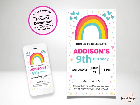 Editable Bright Rainbow Birthday Template Invitation Instant | Etsy